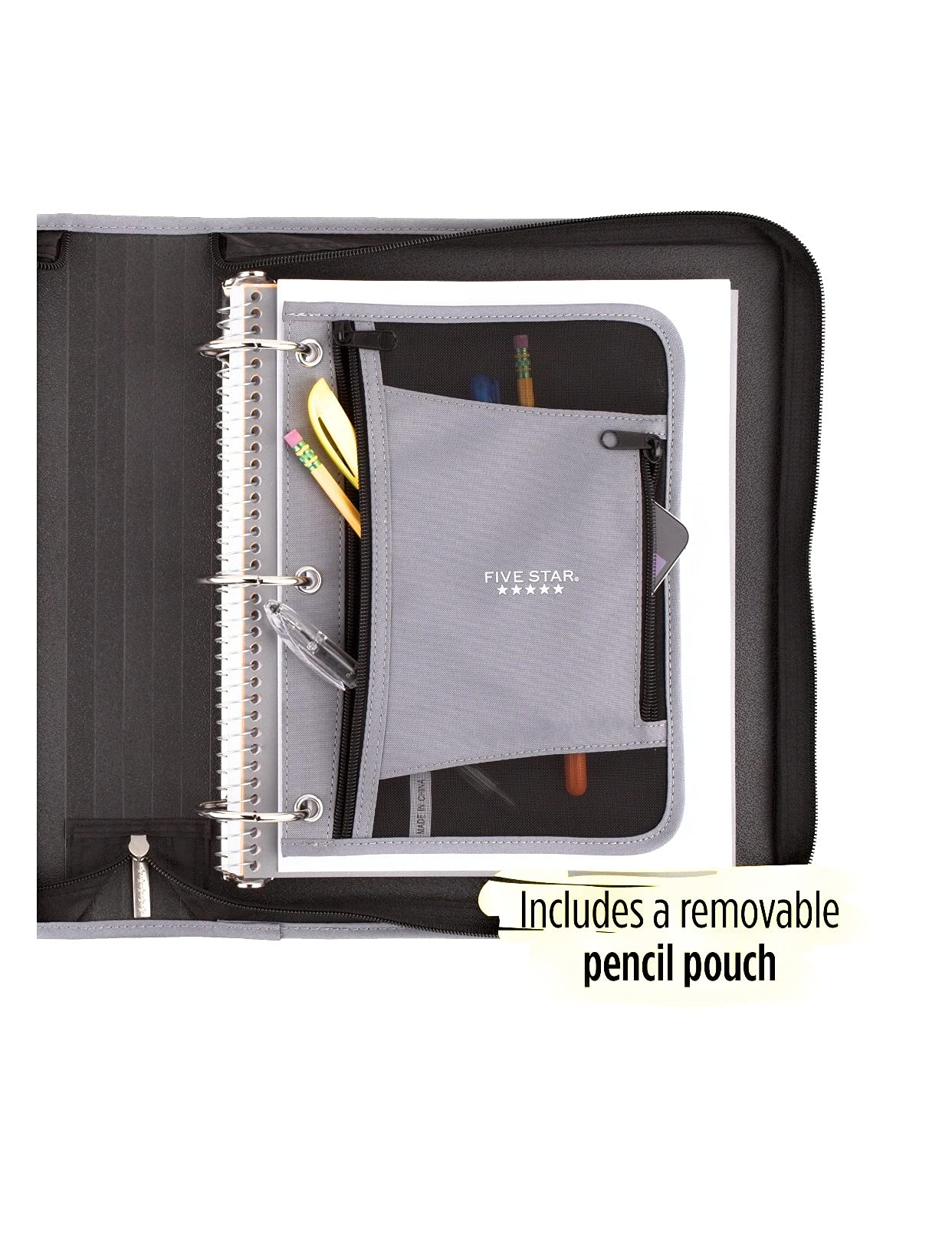 Five Star Xpanz Zipper Binder, 2" Round Rings, 380 Sheets, Grey