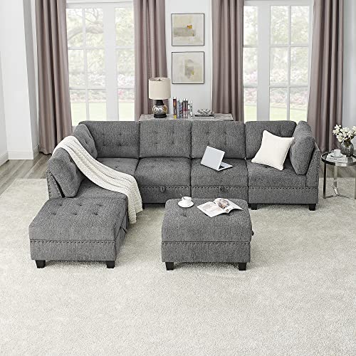FULife Free Combination Modular Sofa Reversible Sectional Couch Oversized L Shaped Sofá Upholstery Deap Seat Sleeper Couches Bed with Storage for Living Room,3 Single Chairs,2 Corners,Double Ottomans