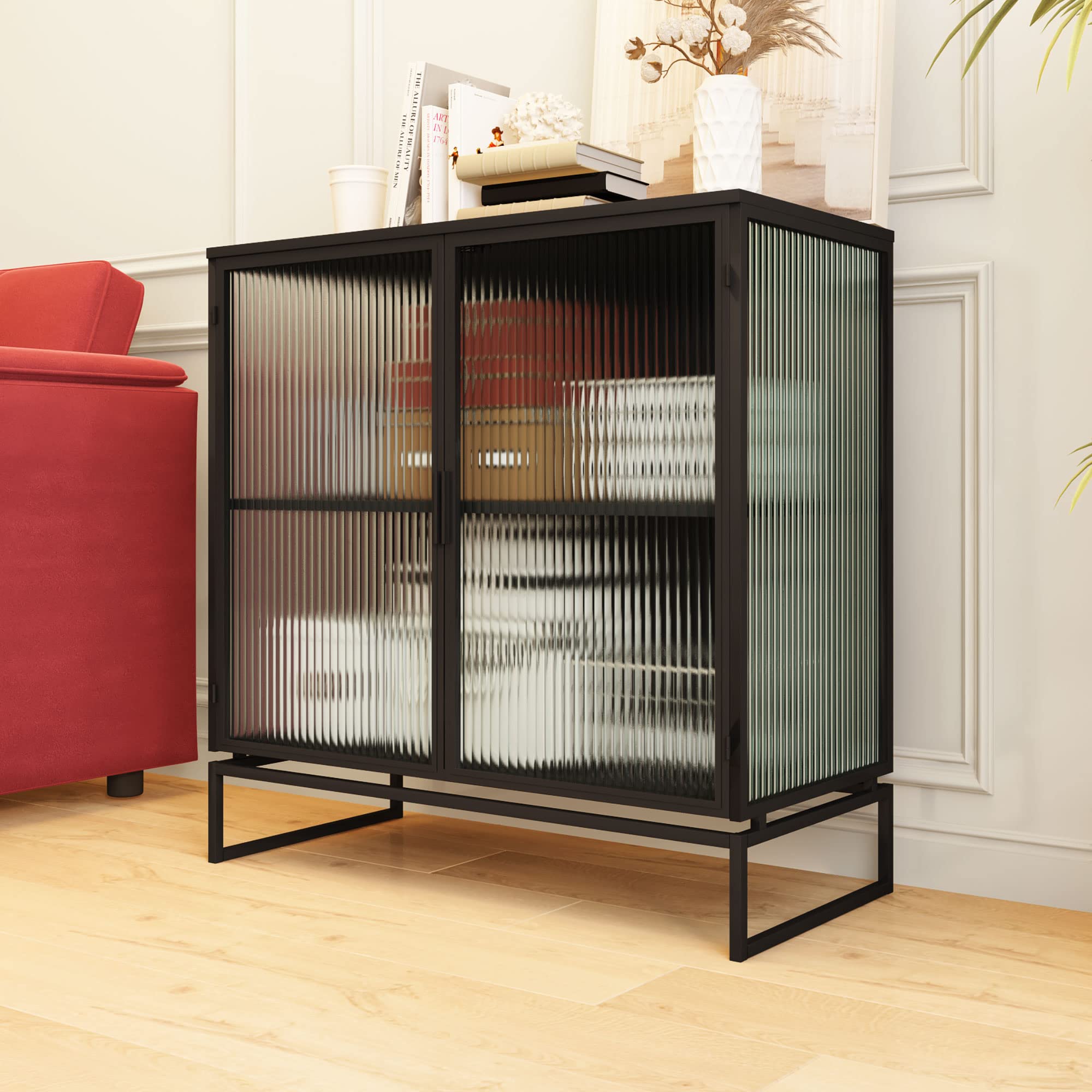 QEIUZON Modern Sideboard Buffet Cabinet, Glass Accent Storage Cabinet Kitchen Console Table TV Stand for Living Room, Dining Room, Bedroom (Black-2 Packs)
