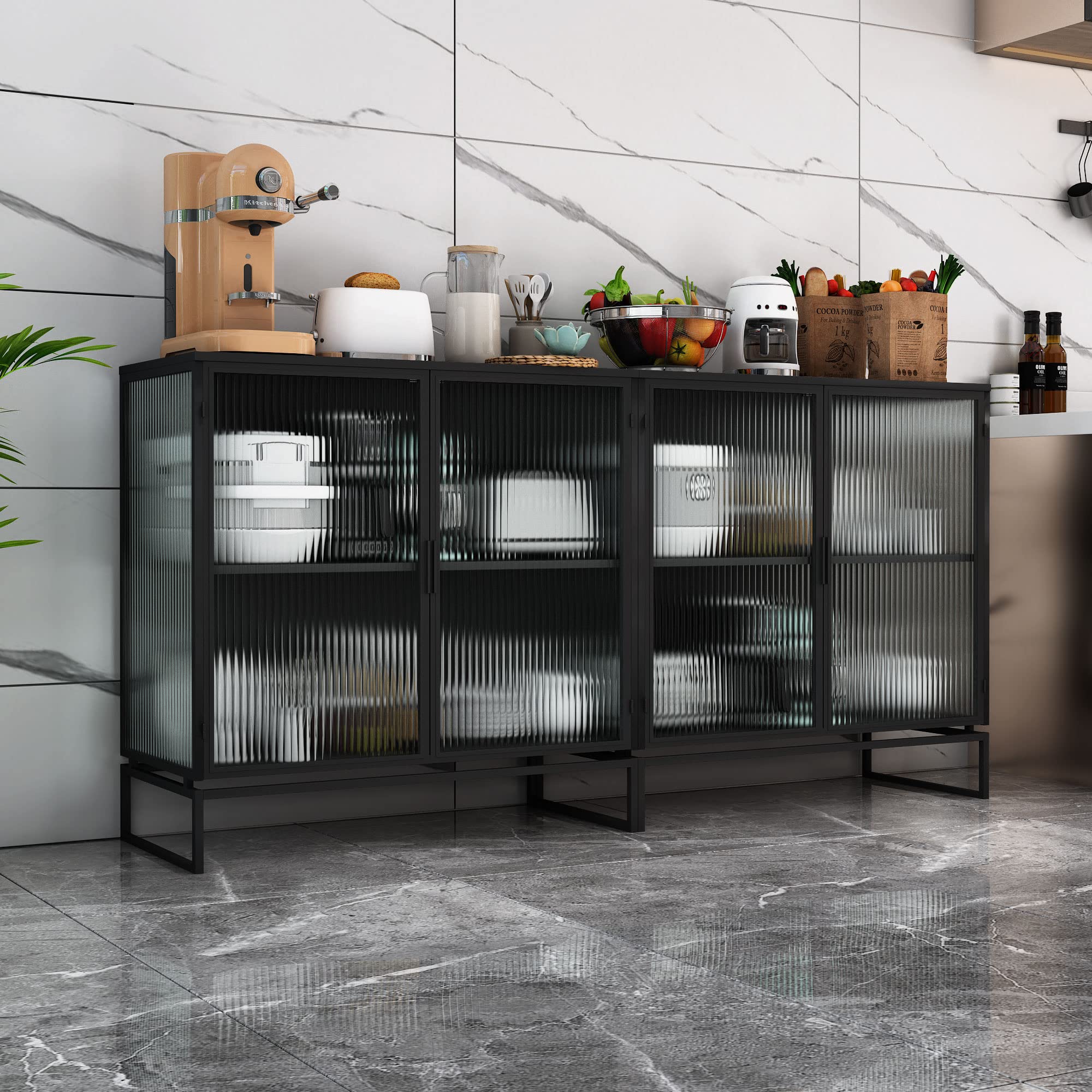 QEIUZON Modern Sideboard Buffet Cabinet, Glass Accent Storage Cabinet Kitchen Console Table TV Stand for Living Room, Dining Room, Bedroom (Black-2 Packs)