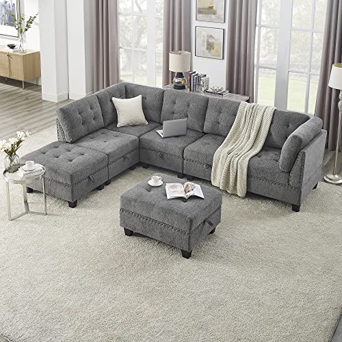 FULife Free Combination Modular Sofa Reversible Sectional Couch Oversized L Shaped Sofá Upholstery Deap Seat Sleeper Couches Bed with Storage for Living Room,3 Single Chairs,2 Corners,Double Ottomans