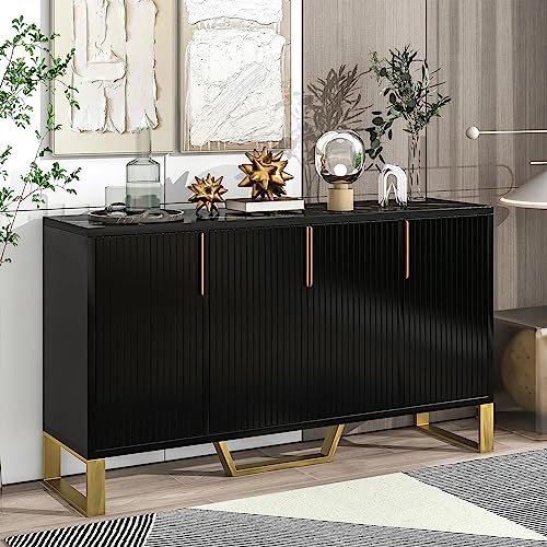 Zevemomo Buffet Sideboard Storage Cabinet for Living Room Coffee Bar Console Table with Adjustable Shelf, 4 Doors, Black