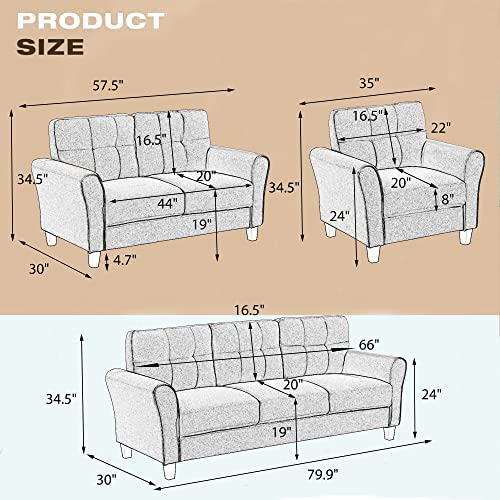 Merax 3 Pieces Living Room Sectional Sofa Set, Modern Linen Upholstered Couch Furniture with Thick Foam, Light Gray+Blue