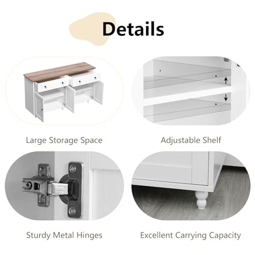 4 EVER WINNER Sideboard Buffet Cabinet with Storage, 55" Kitchen Buffet Storage Cabinet with 2 Drawers and 4 Doors, Retro Coffee Bar Cabinet Wood Buffet Table Dining Room Cabinet, White
