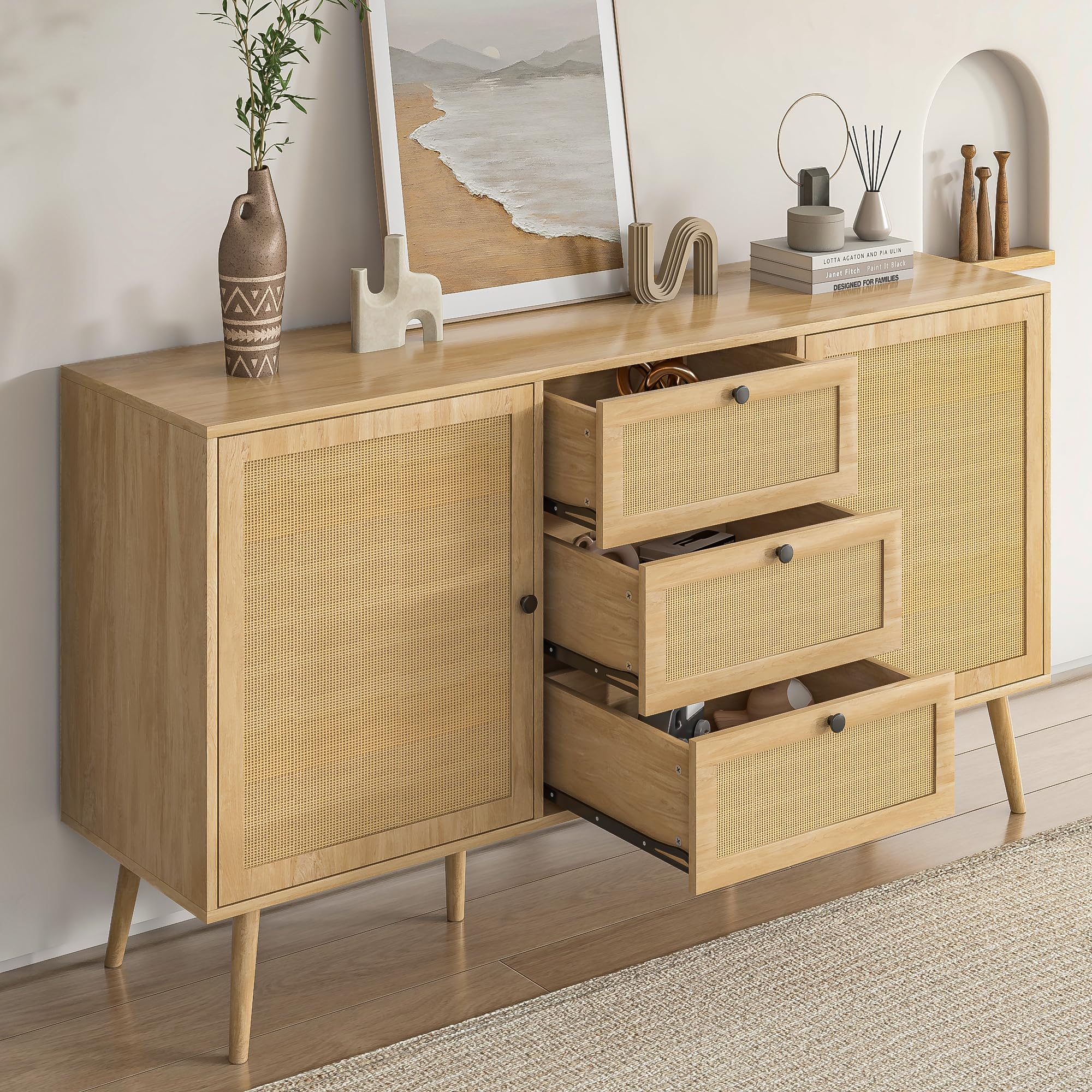 Rattan Sideboard Buffets Cabinet Farmhouse Boho Buffet Sideboard with 3 Drawers and 2 Doors Storage Cabinet Adjustable Shelves Console Table Cupboard Accent Cabinet for Living Room Kitchen