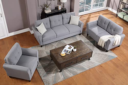 Merax 3 Pieces Living Room Sectional Sofa Set, Modern Linen Upholstered Couch Furniture with Thick Foam, Light Gray+Blue