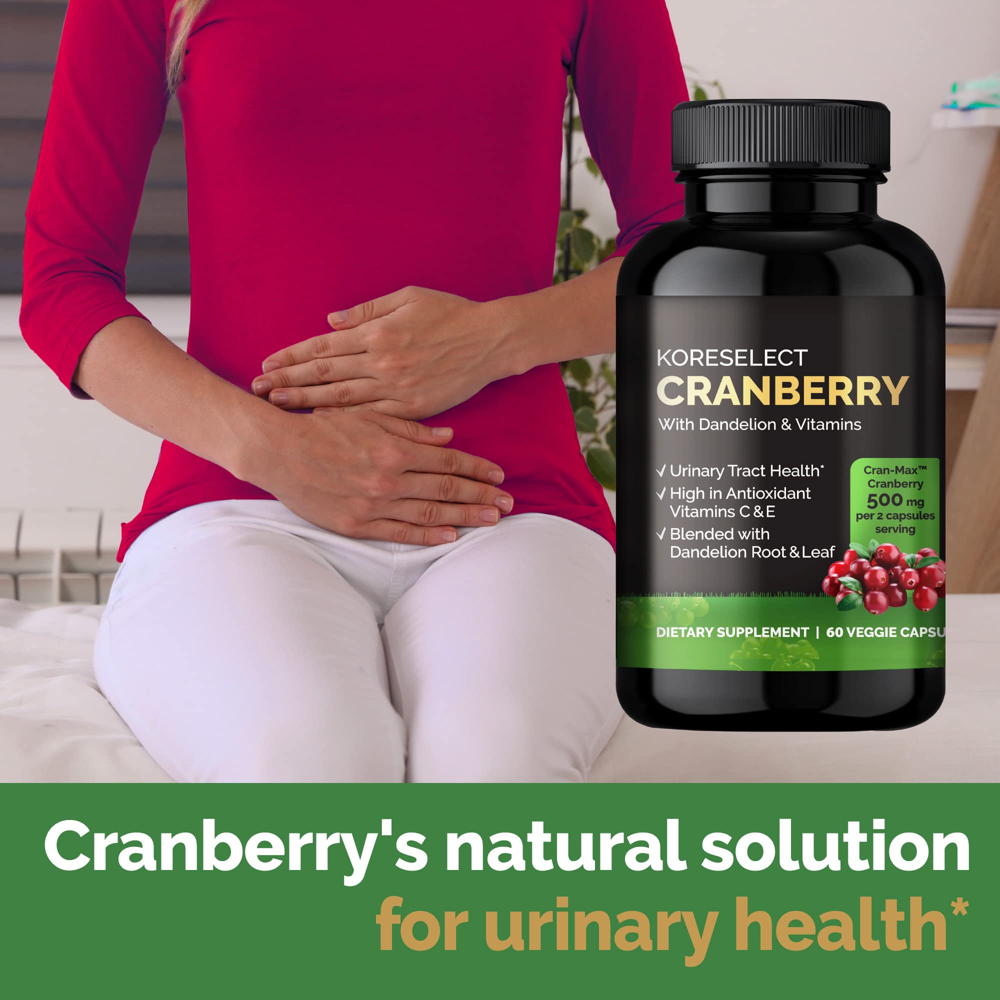 KORESELECT Cranberry 17,000mg with Dandelion & Vitamins, UTI Relief, Antioxidant Supplement, Immune Support, Bladder Health for Women & Men 60 Vegan Capsules