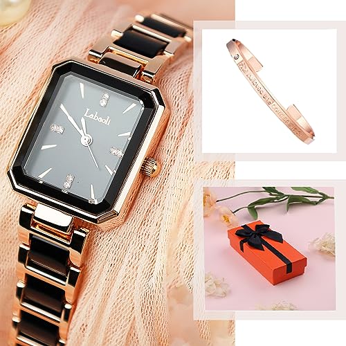 devaco Stainless Steel Rose Gold Diamond Quartz Wristwatch, Fashionable Square Waterproof Date Ladies' Watch (Black-glod)