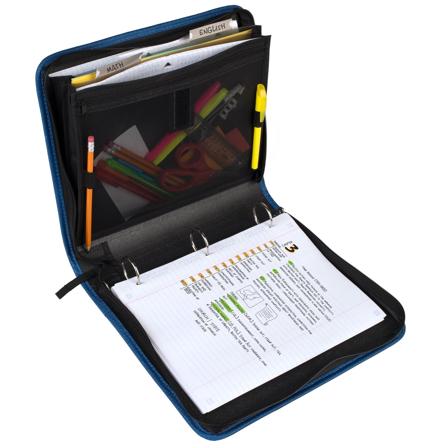 Five Star Zipper Binder, 1-1/2 Inch 3-Ring Binder for School, 3 Pocket Expanding File, 500 Sheet Capacity, Blue (72202)