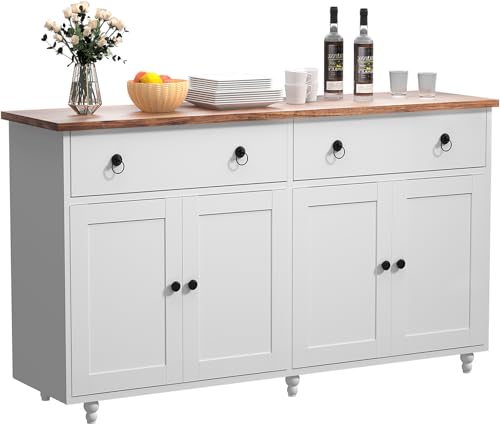 4 EVER WINNER Sideboard Buffet Cabinet with Storage, 55" Kitchen Buffet Storage Cabinet with 2 Drawers and 4 Doors, Retro Coffee Bar Cabinet Wood Buffet Table Dining Room Cabinet, White