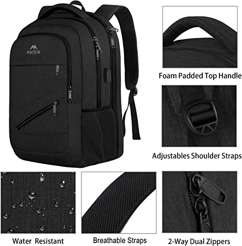 Matein Business Travel Backpack, Extra Large TSA Friendly Work Backpack with USB Charging Port and Laptop Compartment,Water Resistant College School Backpack for Men Women Fits 17 Inch Laptop Notebook