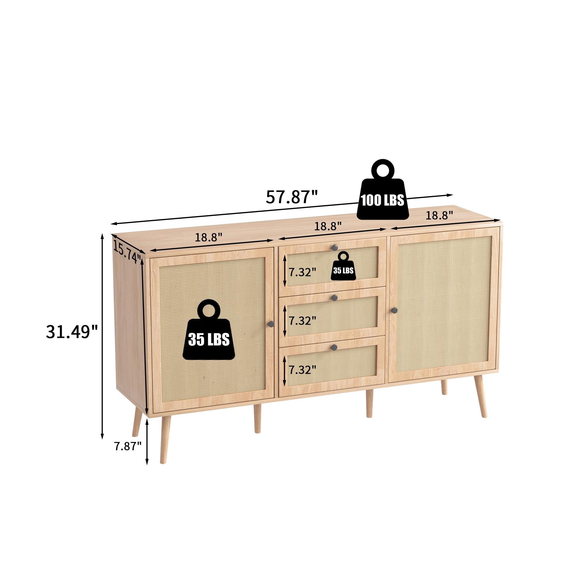 Rattan Sideboard Buffets Cabinet Farmhouse Boho Buffet Sideboard with 3 Drawers and 2 Doors Storage Cabinet Adjustable Shelves Console Table Cupboard Accent Cabinet for Living Room Kitchen
