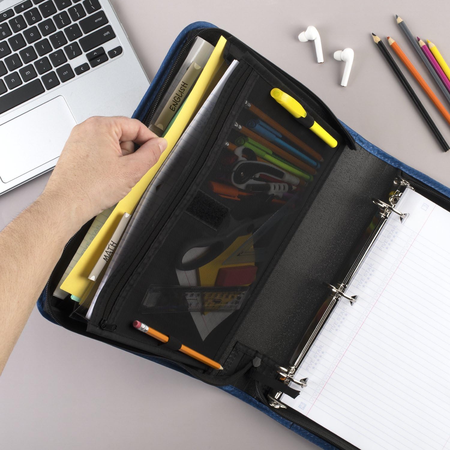 Five Star Zipper Binder, 1-1/2 Inch 3-Ring Binder for School, 3 Pocket Expanding File, 500 Sheet Capacity, Blue (72202)