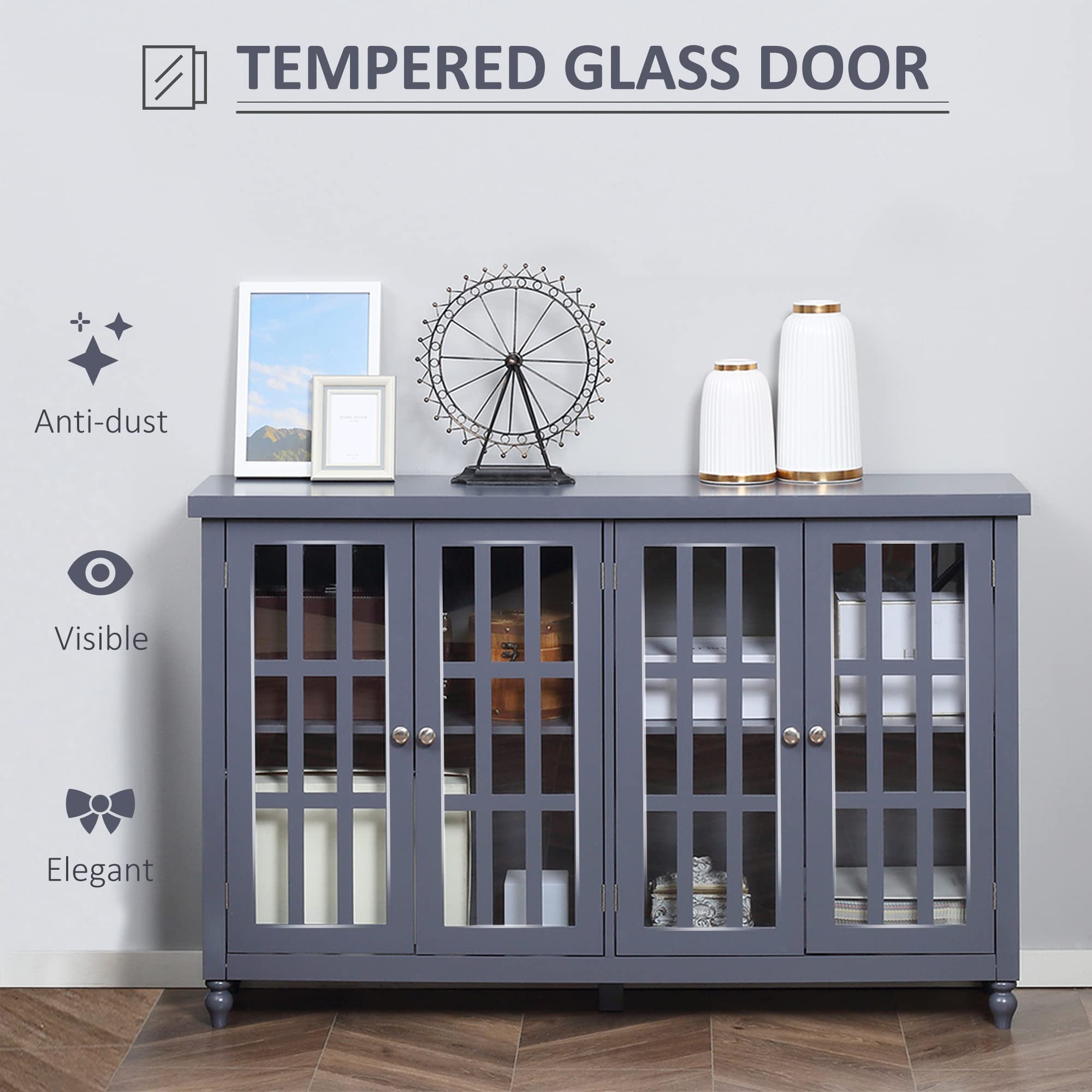 HOMCOM Sideboard, Buffet Cabinet with 4 Tempered Glass Doors, Stripe Pattern and Adjustable Storage Shelf, Credenza, Gray