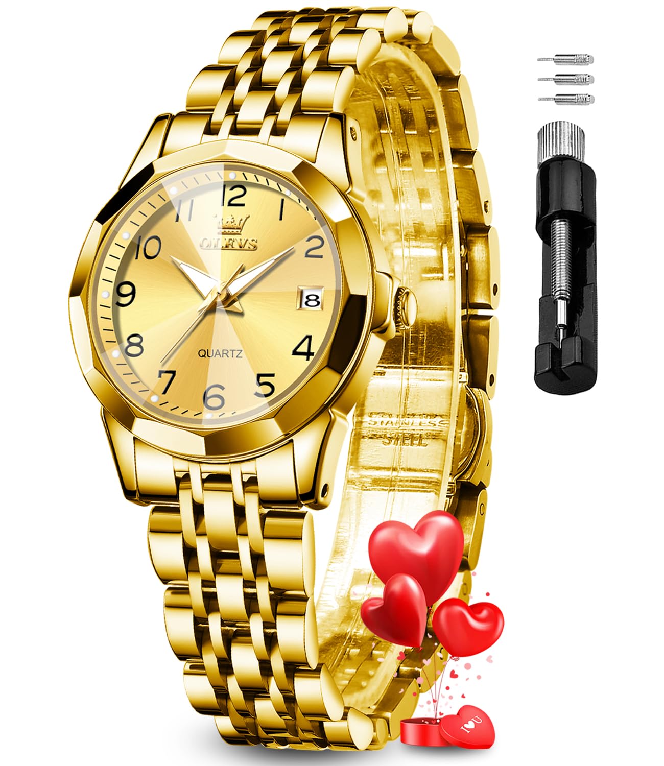 OLEVS Gold Womens Watch Fashion Dress Diamond Female Watches for Ladies Analog Quartz Stainless Steel Waterproof Luminous Day Date Two Tone Wristwatch