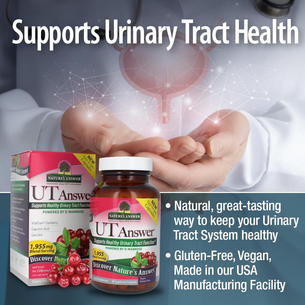 Nature's Answer UT Answer with D-Mannose 1955mg 90-Count | Urinary Tract & Bladder Support | Natural Detox | Gluten-Free, Vegan, Kosher | Single Count