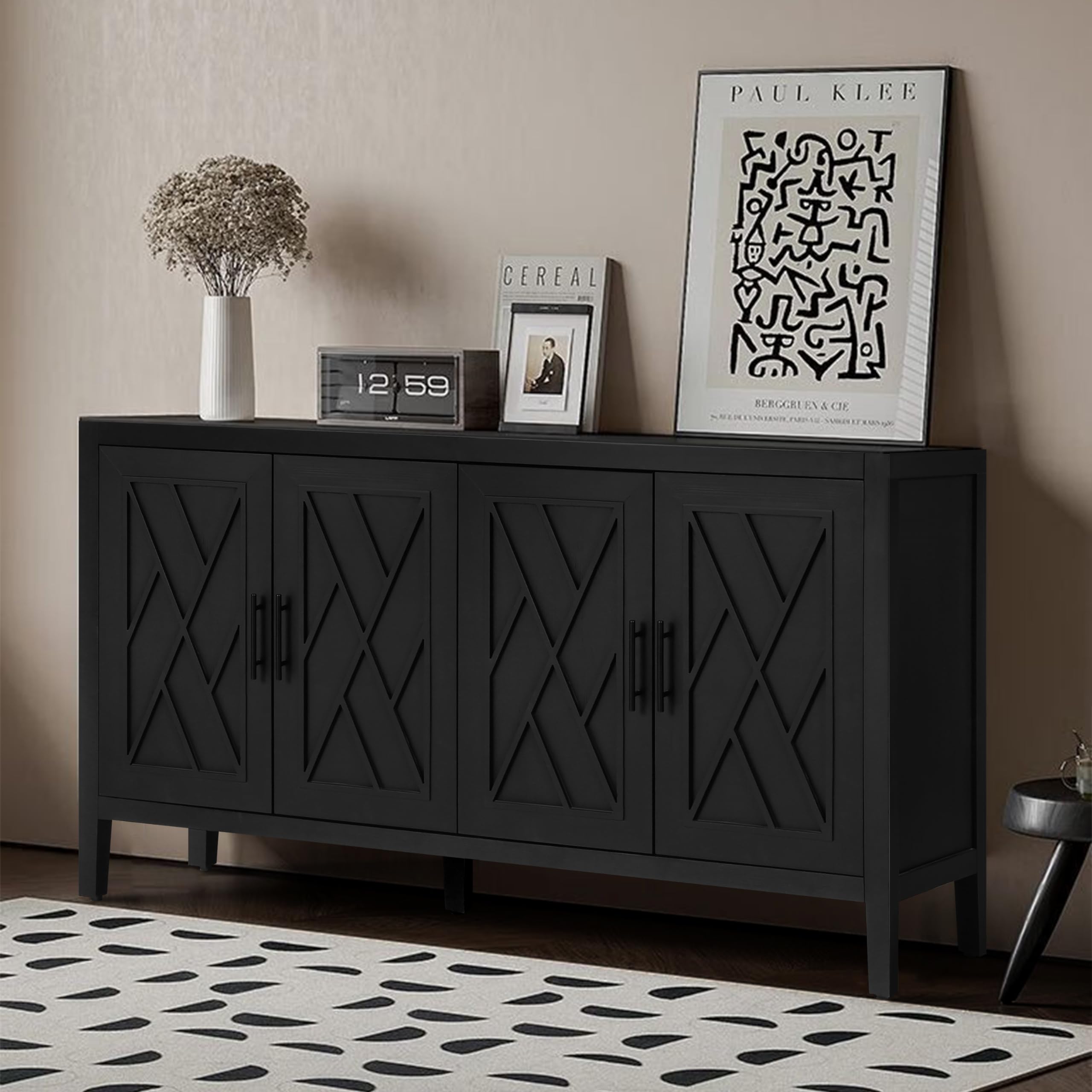 ZSQ Wooden Sideboard Cabinet, American Country Vintage Old Living Room Dining Room Hallway Entryway Cabinet, Solid Wood Buffet Table (Black)