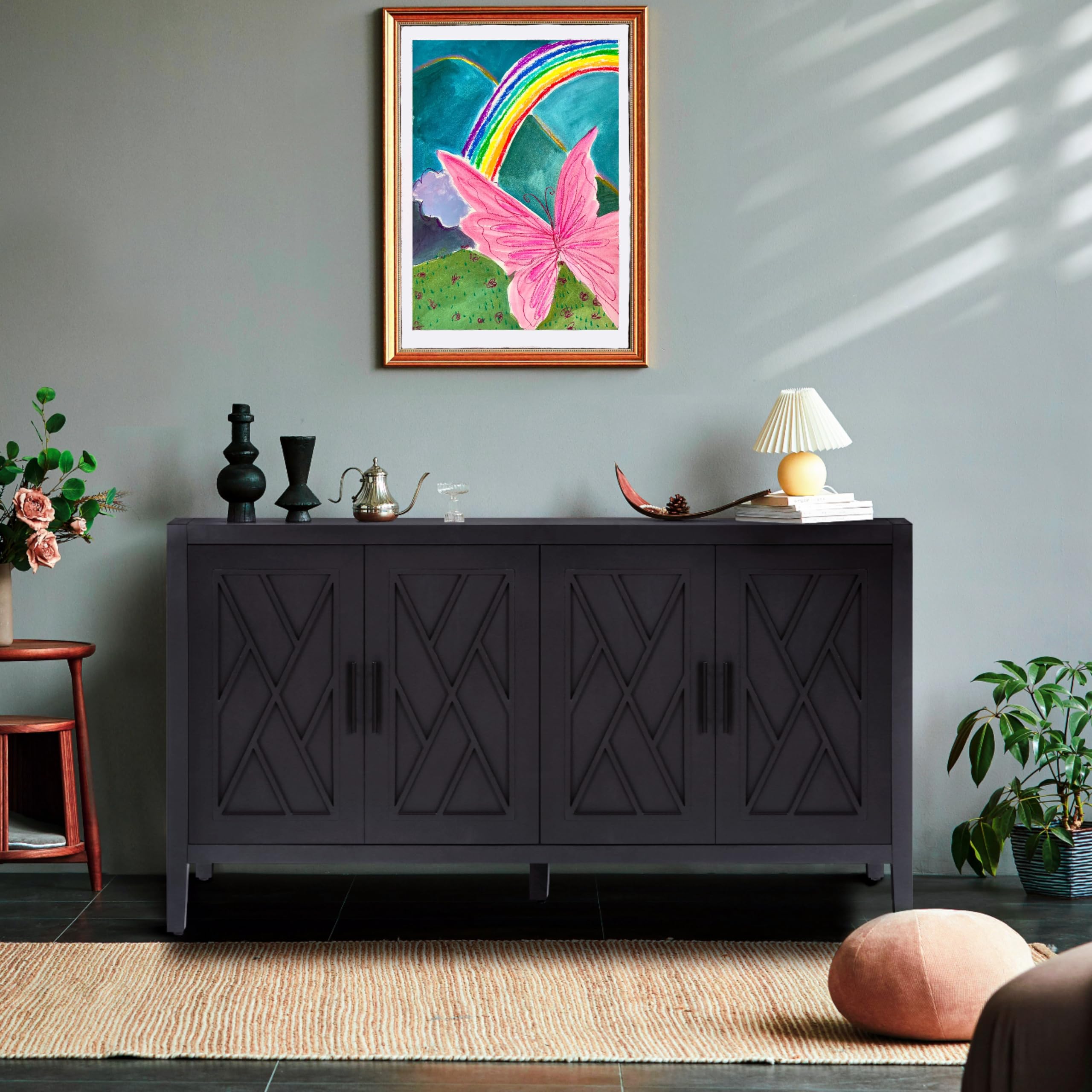 ZSQ Wooden Sideboard Cabinet, American Country Vintage Old Living Room Dining Room Hallway Entryway Cabinet, Solid Wood Buffet Table (Black)