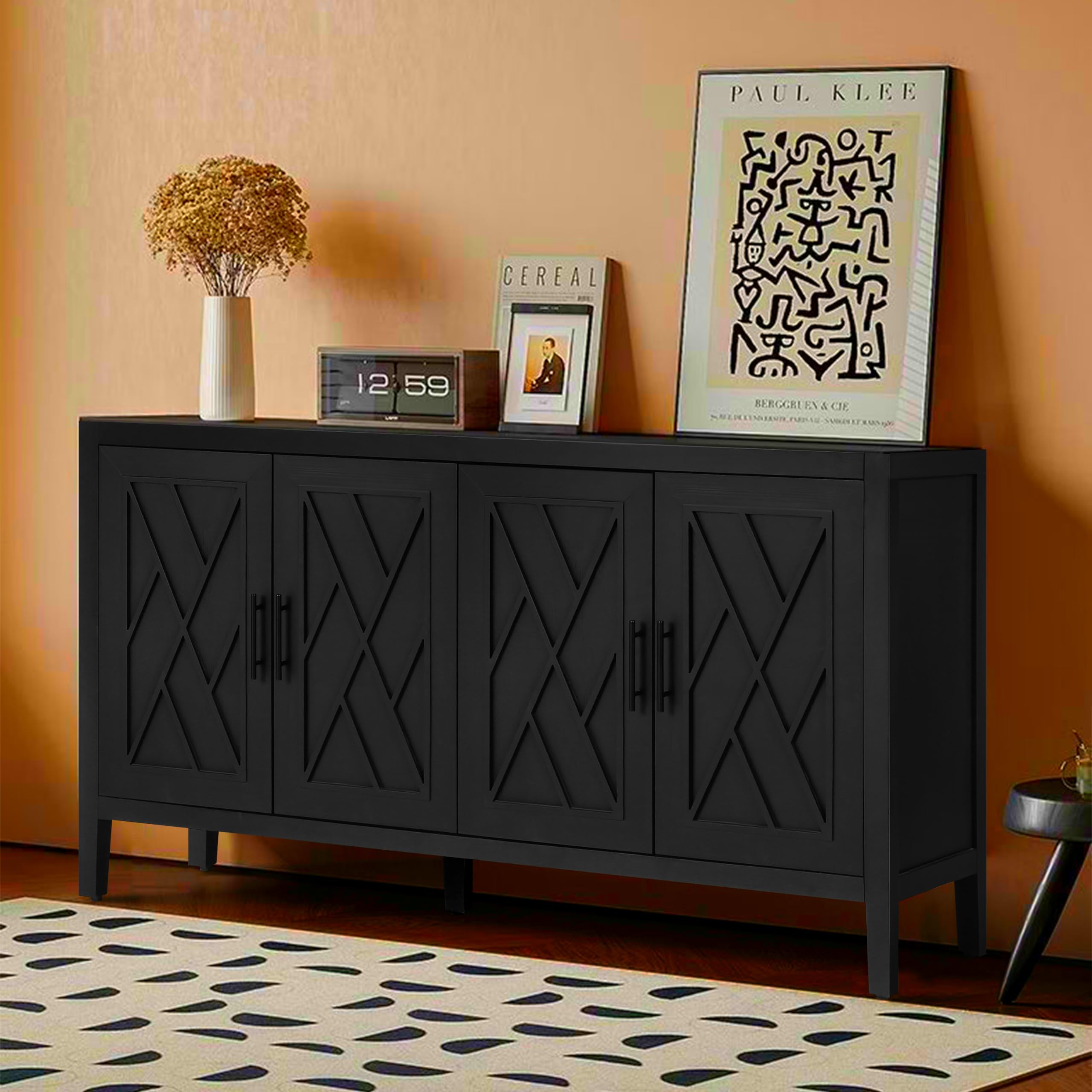 ZSQ Wooden Sideboard Cabinet, American Country Vintage Old Living Room Dining Room Hallway Entryway Cabinet, Solid Wood Buffet Table (Black)