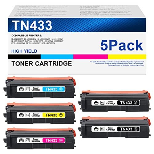 MSOTFUN Compatible TN433 High Yield Toner Cartridge Replacement for Brother TN433 TN-433 HL-L8260CDW HL-L8360CDW MFC-L8610CDW MFC-L8900CDW Printer (Black Cyan Yellow Magenta,5-Pack)