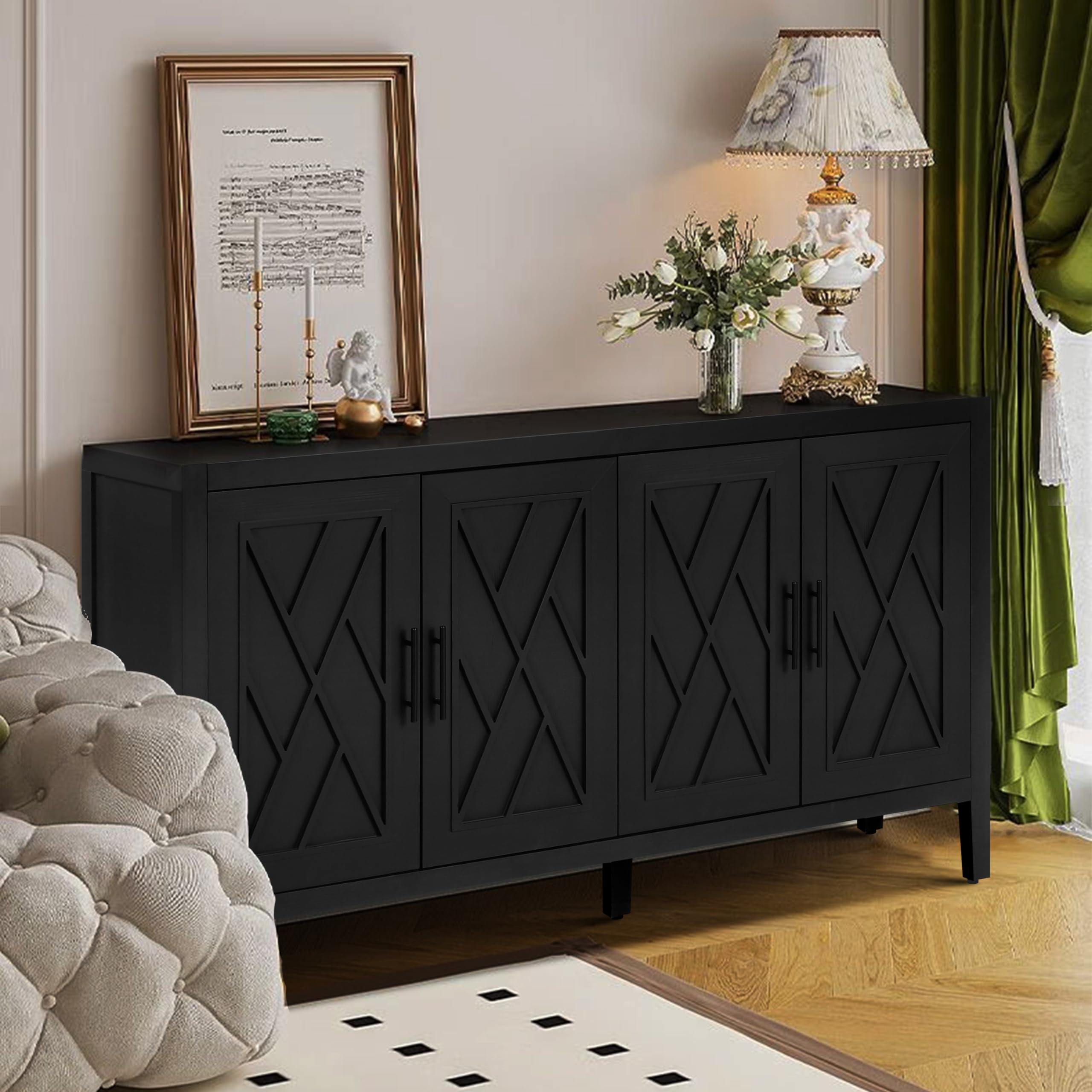 ZSQ Wooden Sideboard Cabinet, American Country Vintage Old Living Room Dining Room Hallway Entryway Cabinet, Solid Wood Buffet Table (Black)