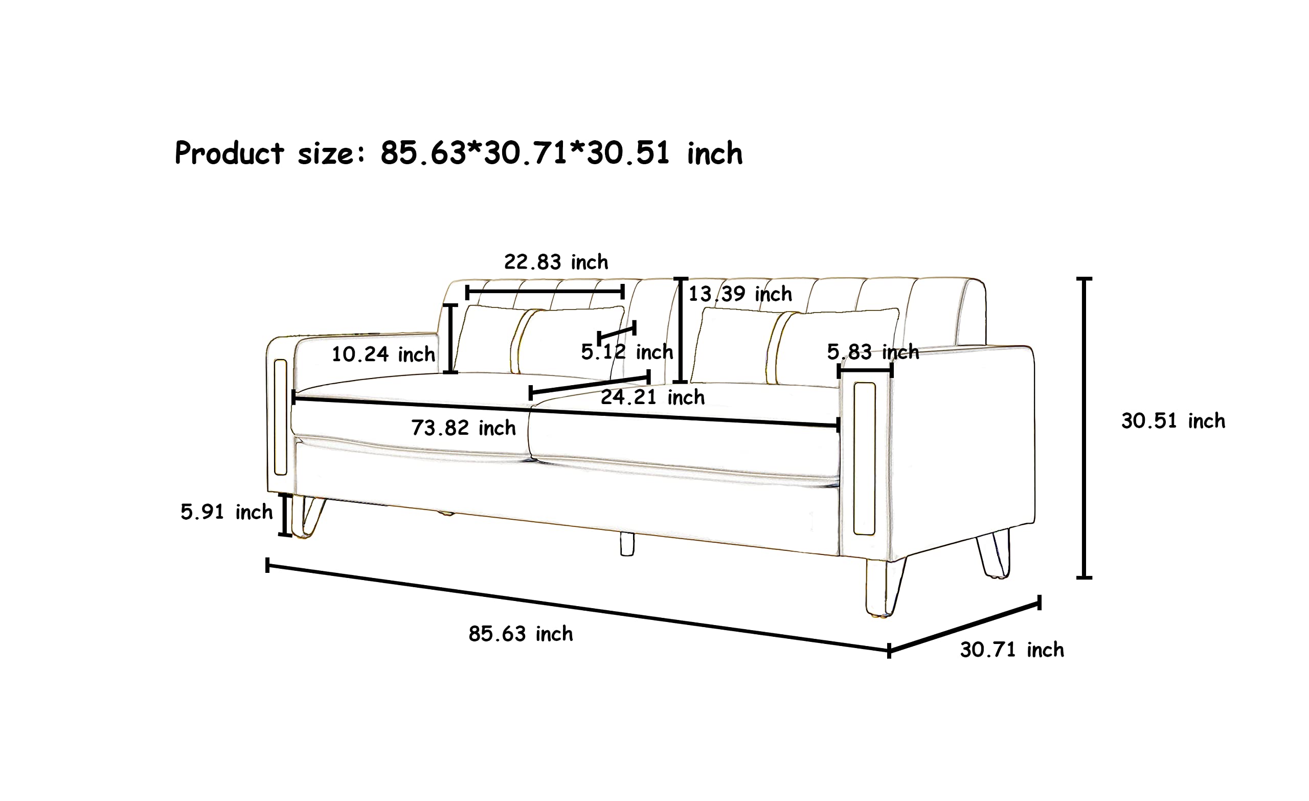 Couch 85.62" 3 Seats Sectional Velvet Fabric Sofa Easy Assemble Sofa Bed with 2 Couch Pillows,Gold Metal Legs for Living Room (P17, 2 PCS Beige)