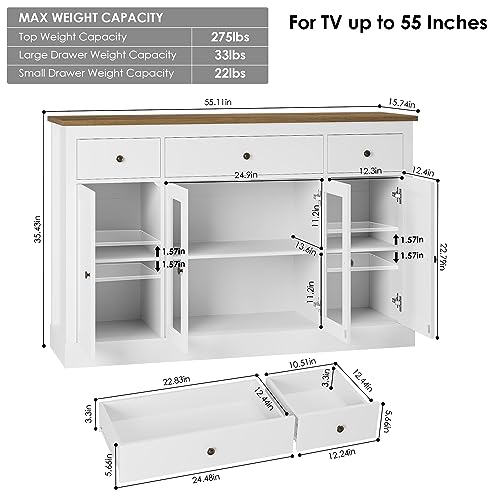 HOSTACK Sideboard Buffet Cabinet with Storage, 55" Large Kitchen Buffet Storage Cabinet with Drawers and Glass Doors, Modern Farmhouse Coffee Bar Cabinet, Wood Buffet Table Dining Room Cabinet, White