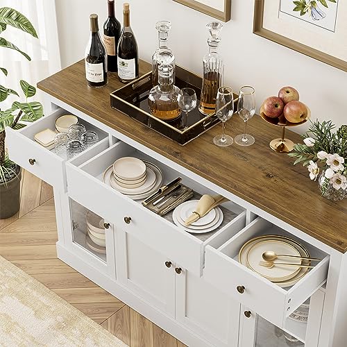 HOSTACK Sideboard Buffet Cabinet with Storage, 55" Large Kitchen Buffet Storage Cabinet with Drawers and Glass Doors, Modern Farmhouse Coffee Bar Cabinet, Wood Buffet Table Dining Room Cabinet, White