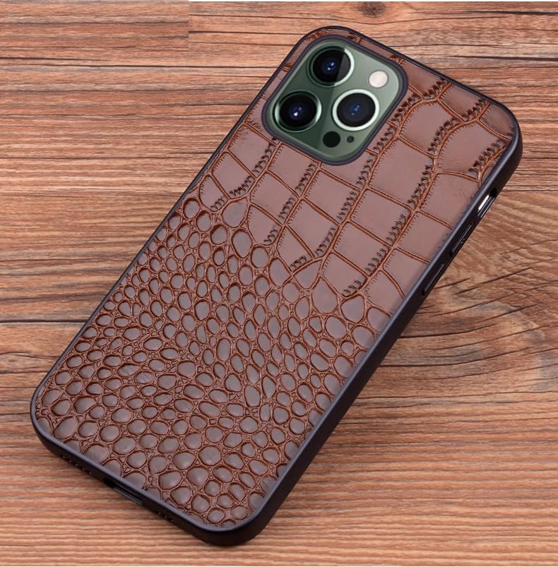 for iPhone 15 Pro Max Genuine Leather Case Luxury Design Cute Slim Crocodile Pattern Shiny Bling Glitter Fancy Back Cover for Women Girls Man Phone Skin,Brown