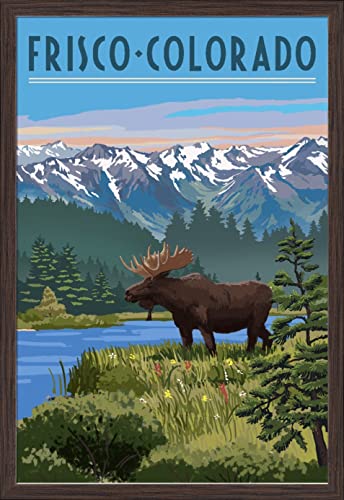 Frisco, Colorado, Moose, Summer Scene (24x36 Giclee Fine Art Print, Recycled Wood Frame, Espresso Brown)