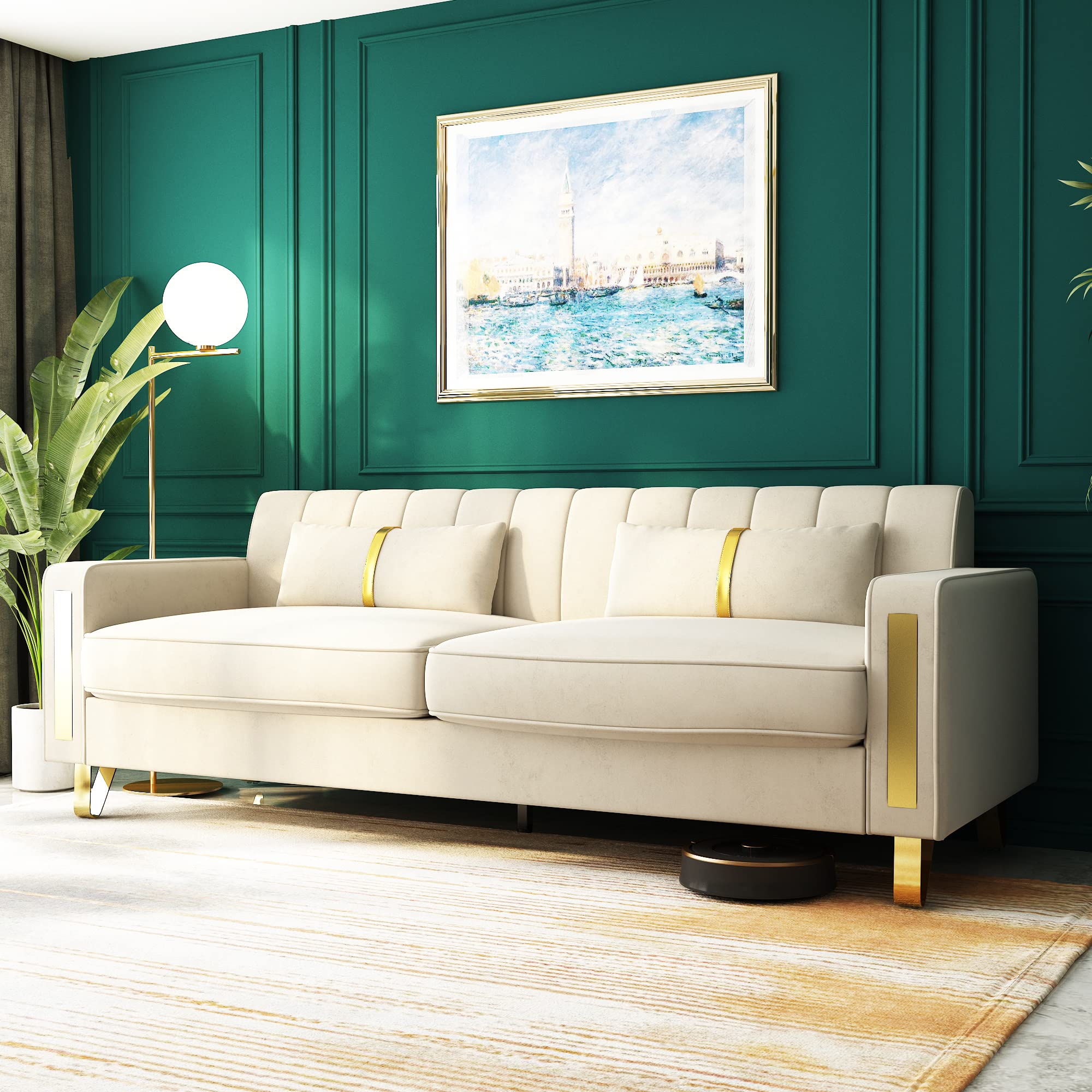Couch 85.62" 3 Seats Sectional Velvet Fabric Sofa Easy Assemble Sofa Bed with 2 Couch Pillows,Gold Metal Legs for Living Room (P17, 2 PCS Beige)