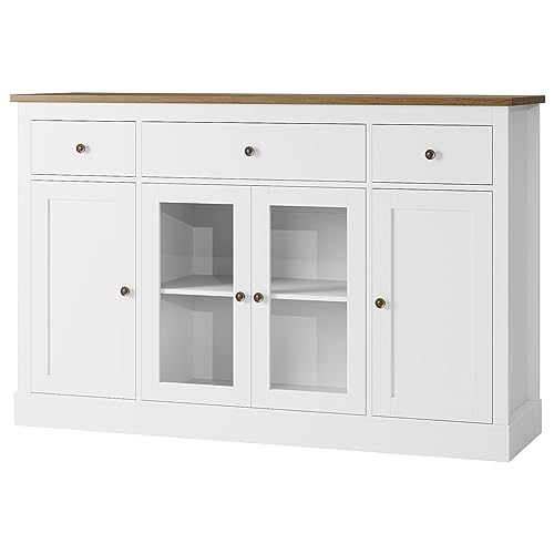 HOSTACK Sideboard Buffet Cabinet with Storage, 55" Large Kitchen Buffet Storage Cabinet with Drawers and Glass Doors, Modern Farmhouse Coffee Bar Cabinet, Wood Buffet Table Dining Room Cabinet, White