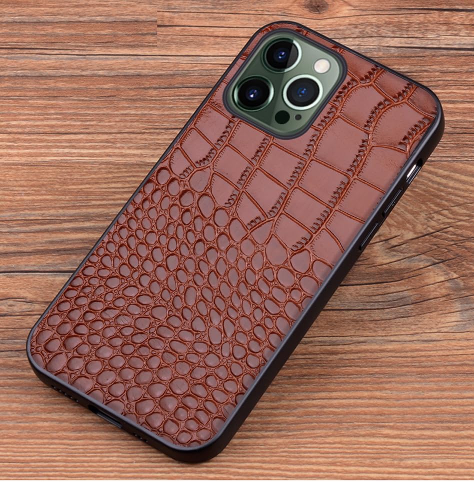 for iPhone 15 Pro Max Genuine Leather Case Luxury Design Cute Slim Crocodile Pattern Shiny Bling Glitter Fancy Back Cover for Women Girls Man Phone Skin,Brown