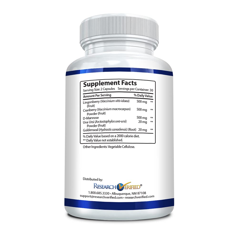 Research Verified UTI Relief - Urinary Tract Support Supplement - 100% Natural, Vegan with Lingonberry, Cranberry & D-Mannose - 1 Bottle (1 Month Supply)