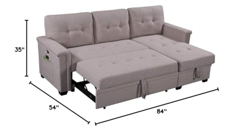 FurniFusion 84'' L-Shape Convertible Sleeper Sectional Sofa with Storage Chaise and Pull-Out Bed, Linen Upholstered Reversible Corner Couch w/USB Charger Ports and Pocket, Light Gray, 84 Inch
