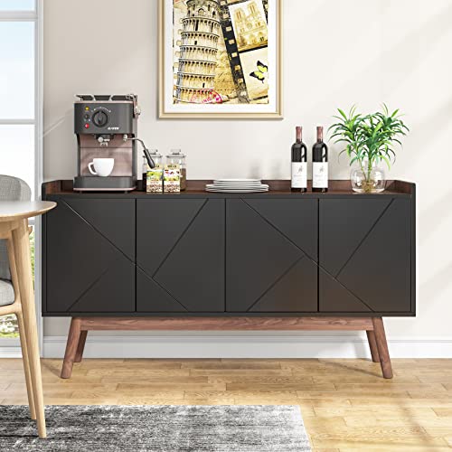LITTLE TREE 55 Inch Kitchen Buffet Cabinet with Storage Shelf, Sideboard Coffee Bar with Doors, Buffets Accent Cabinet for Dining Room Living Room Entryway, Black Rustic Brown