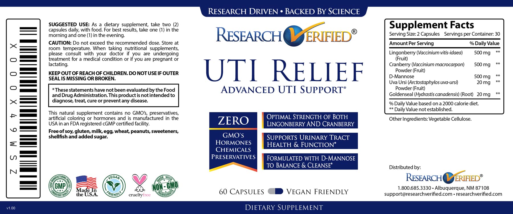 Research Verified UTI Relief - Urinary Tract Support Supplement - 100% Natural, Vegan with Lingonberry, Cranberry & D-Mannose - 1 Bottle (1 Month Supply)