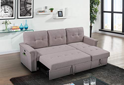 FurniFusion 84'' L-Shape Convertible Sleeper Sectional Sofa with Storage Chaise and Pull-Out Bed, Linen Upholstered Reversible Corner Couch w/USB Charger Ports and Pocket, Light Gray, 84 Inch