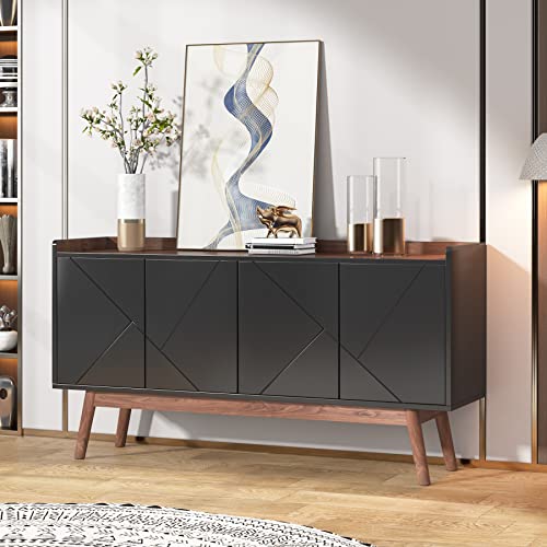 LITTLE TREE 55 Inch Kitchen Buffet Cabinet with Storage Shelf, Sideboard Coffee Bar with Doors, Buffets Accent Cabinet for Dining Room Living Room Entryway, Black Rustic Brown