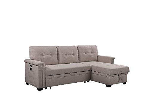FurniFusion 84'' L-Shape Convertible Sleeper Sectional Sofa with Storage Chaise and Pull-Out Bed, Linen Upholstered Reversible Corner Couch w/USB Charger Ports and Pocket, Light Gray, 84 Inch