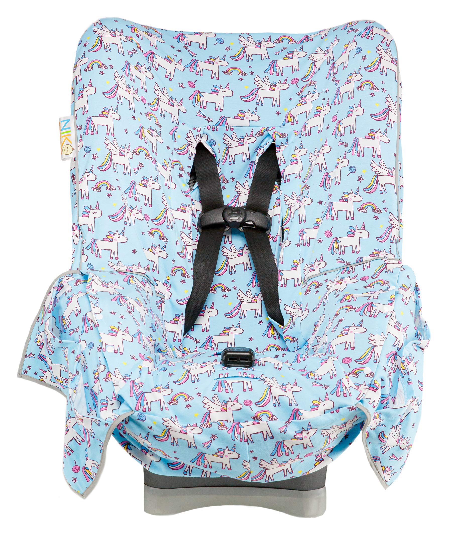 Niko Easy-Wash Children's Car Seat Cover & Liner - 100% Cotton Jersey Blue Unicorn - Fits Most Toddler Car Seats - Universal Fit - Waterproof SEAT Bottom - Machine Wash and Dry