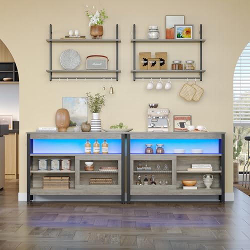 Bestier LED Buffet Sideboard, Farmhouse Storage Cabinet with Sliding Door, Open Compartment, Wood Coffee Bar Wine Bar with Adjustable Shelves - Grey