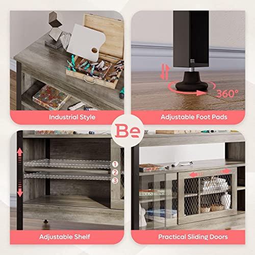 Bestier LED Buffet Sideboard, Farmhouse Storage Cabinet with Sliding Door, Open Compartment, Wood Coffee Bar Wine Bar with Adjustable Shelves - Grey