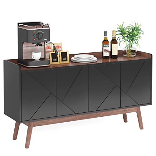 LITTLE TREE 55 Inch Kitchen Buffet Cabinet with Storage Shelf, Sideboard Coffee Bar with Doors, Buffets Accent Cabinet for Dining Room Living Room Entryway, Black Rustic Brown