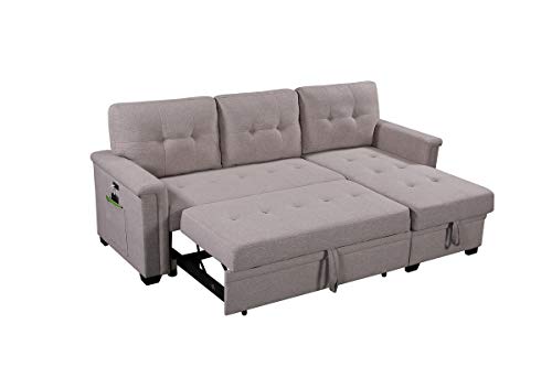 FurniFusion 84'' L-Shape Convertible Sleeper Sectional Sofa with Storage Chaise and Pull-Out Bed, Linen Upholstered Reversible Corner Couch w/USB Charger Ports and Pocket, Light Gray, 84 Inch