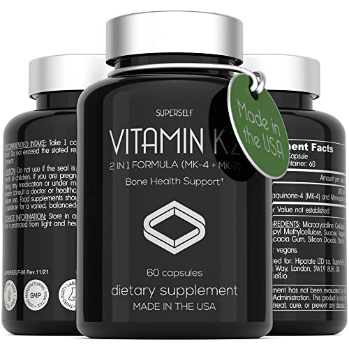Vitamin K2 Capsules 100 mcg - Vitamin K Complex MK-7 & MK-4-60 Capsules - VIT K2 2 in 1 Formula High Strength Supplement MK7 MK4 - Made in USA - Vegan & Non-GMO