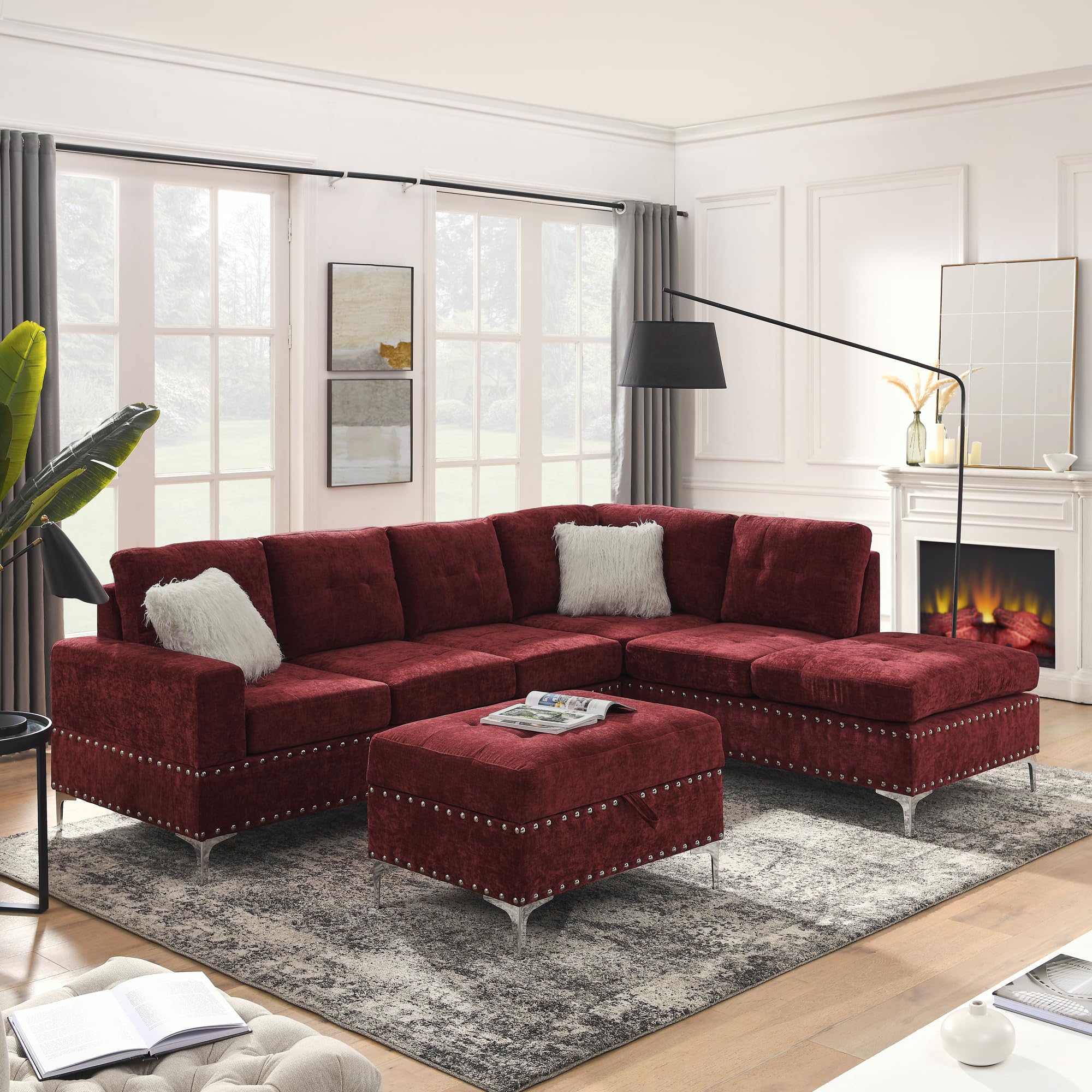 Yoglad Living Room Furniture Set, Sectional 5-Seater Sofa with Reversible Chaise, Corner Sofa Set with Ottoman, L Shaped Couch for Apartment, Living Room (107.5 Inch Chenille, Red)