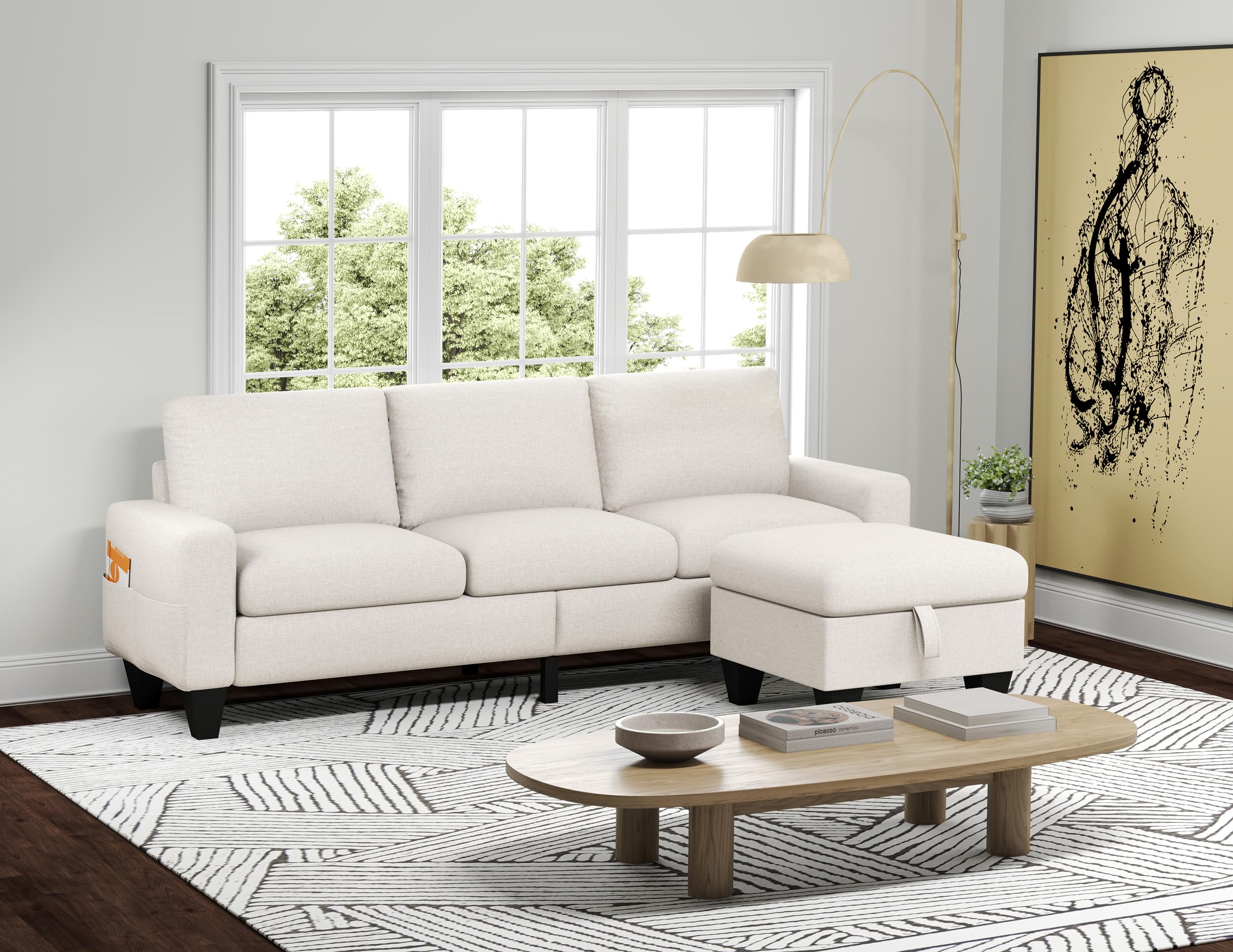 Yattem Convertible Sectional Sofa Couch:Modern L-Shaped Sofa Couches with Reversible Storage Ottoman & Side Storage Pockets - 3-Seat Beige Linen Sofa Couch for Living Room/Apartment/Studio/Small Space