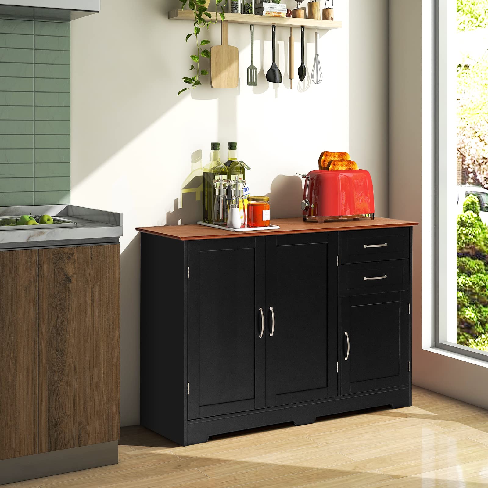 Giantex Buffet Sideboard Storage Credenza Cabinet Console Table Kitchen Dining Room Furniture Organizer, Entryway Cupboard with 2-Door Cabinet and 2 Drawers (Black & Vermilion)