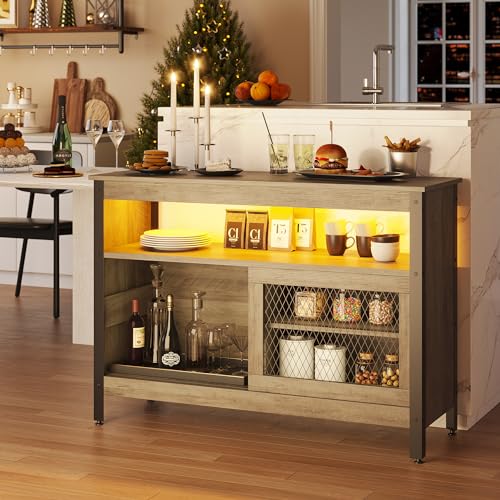 Bestier LED Buffet Sideboard, Farmhouse Storage Cabinet with Sliding Door, Open Compartment, Wood Coffee Bar Wine Bar with Adjustable Shelves - Grey
